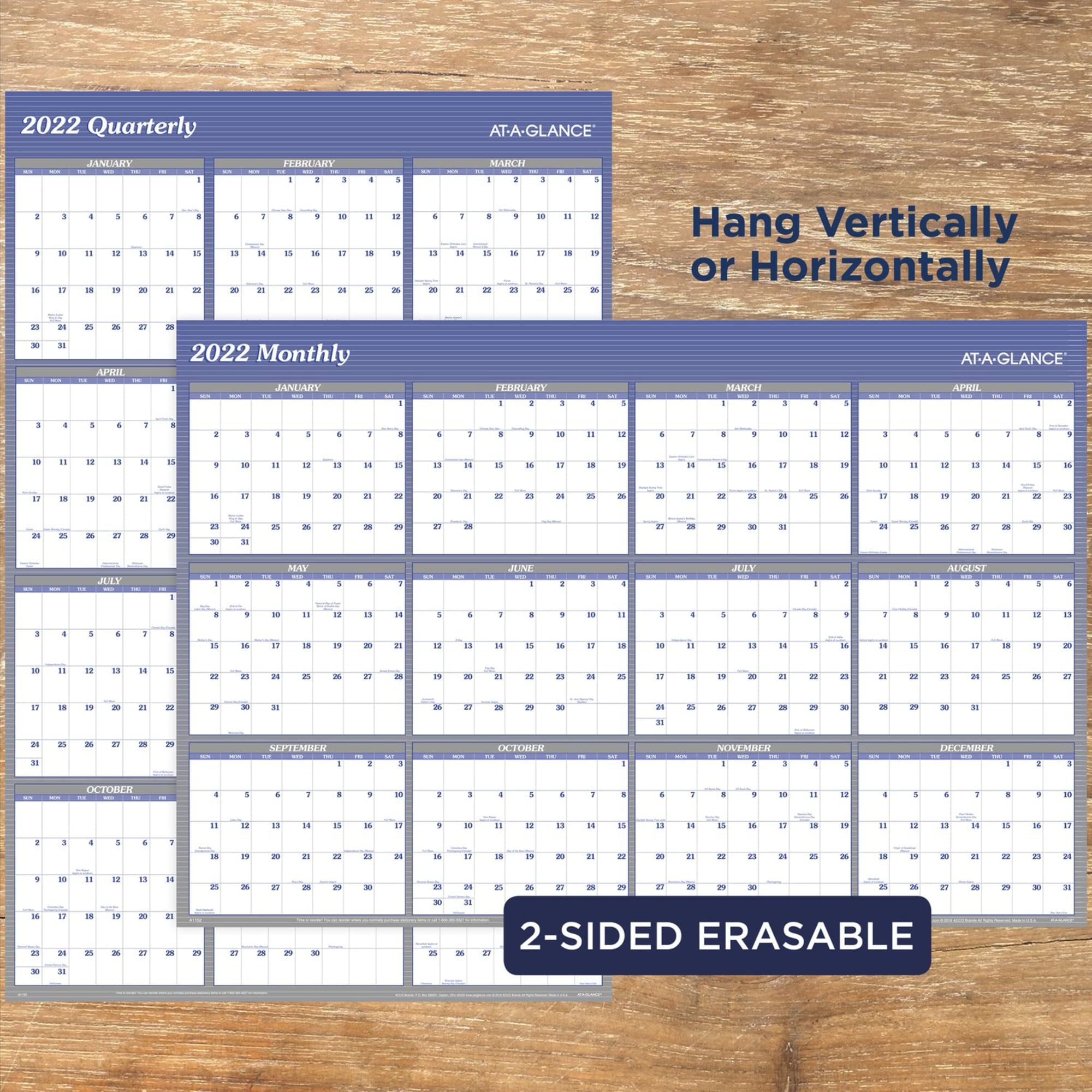 2022 Erasable Calendar, Dry Erase Wall Planner by AT-A-GLANCE, 48" x 32", Jumbo, Vertical/Horizontal, Reversible, Blue (A1152)