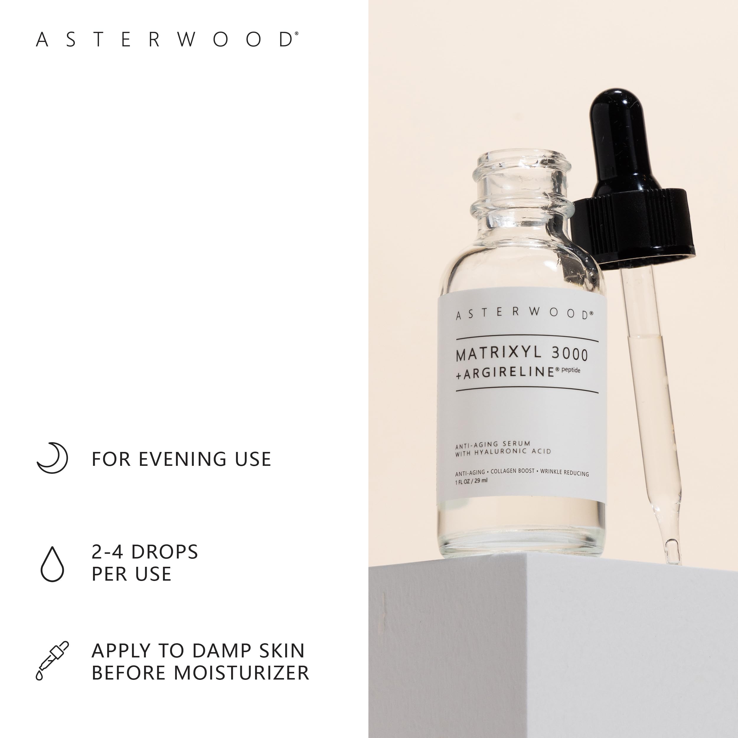 Asterwood Matrixyl 3000 + Argireline Serum with Hyaluronic Acid - Anti-Aging, Wrinkle Reducing, Collagen Boosting - Fragrance-Free - 1 Fl Oz