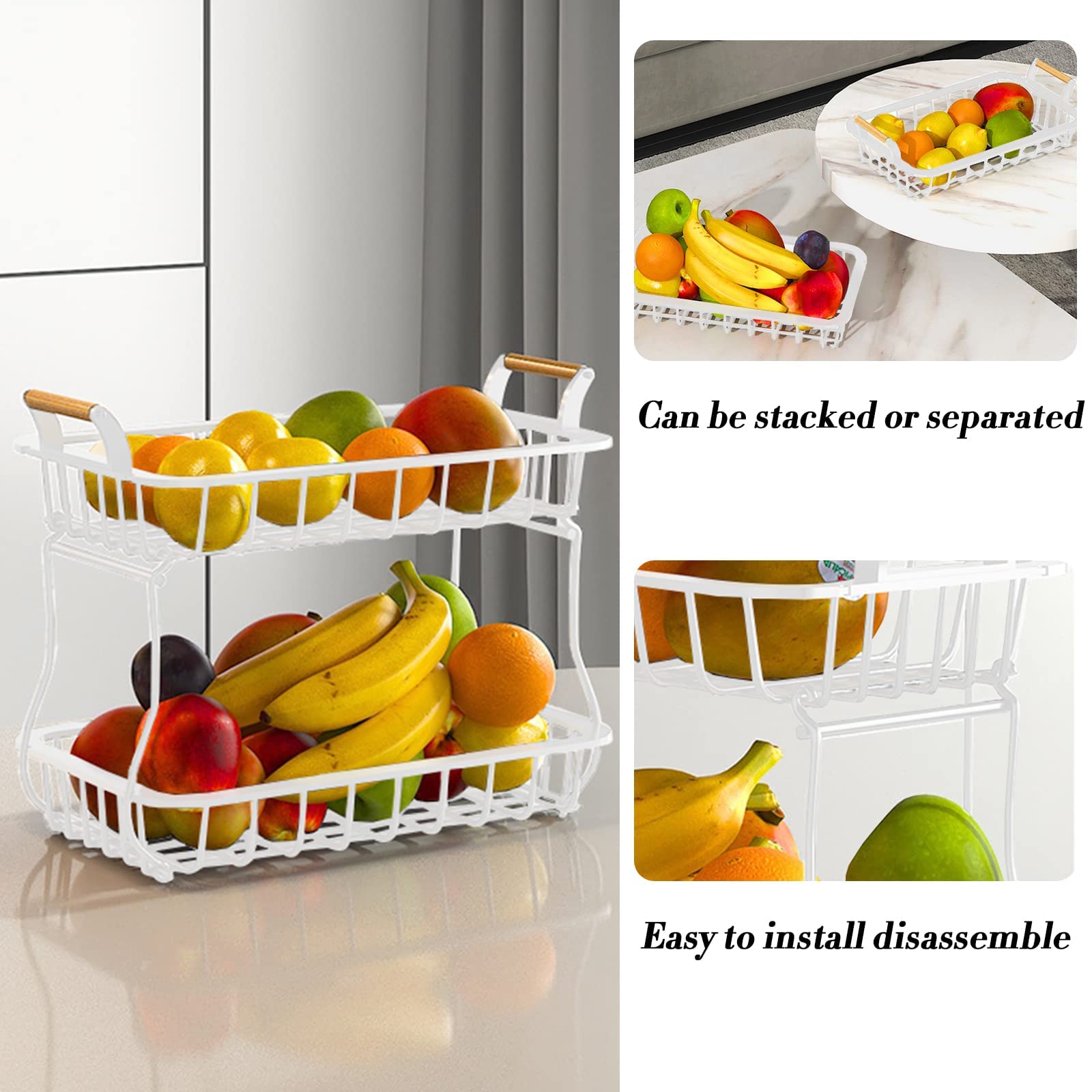 2 Tier Fruit Storage Basket Countertop for Kitchen, Bread Vegetable Farmhouse Fruit Basket Bowl Stand Detachable Metal Wire Basket with Wooden Handle for Kitchen, Reception, Dining Table(White)