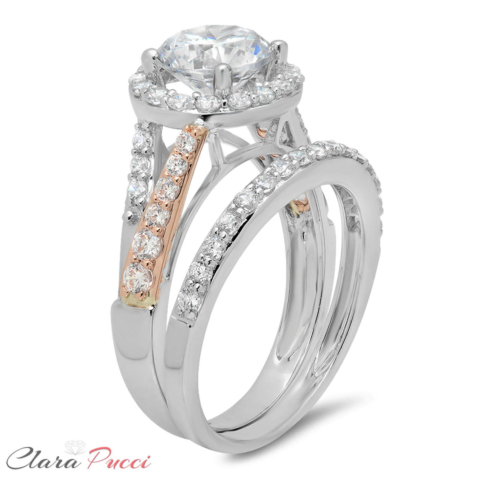 2.32 ct Round Cut Clear Simulated Diamond 14k White Rose Gold Halo Solitaire W/Accents Wedding Bridal Ring Band Set Sz 8.5