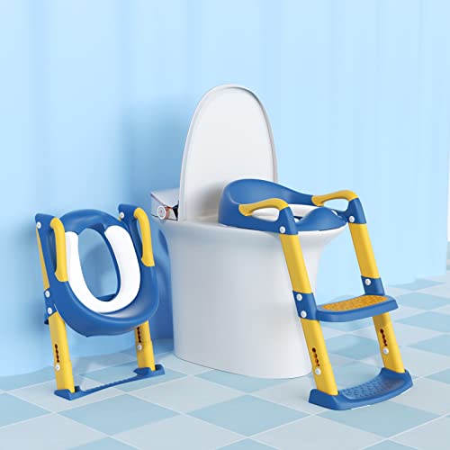YMINA Potty Training Seat for Kids Toddlers Potty Training Toilet with Handles & Step Foldable Adjustable Comfortable and Anti-Slip Pad for Girls and Boys (Blue)