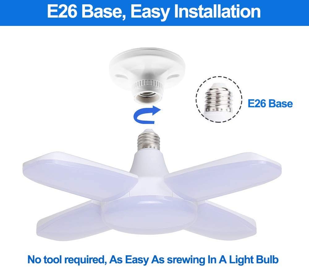 2-Pack LED Garage Lights 60W Deformable Garage Ceiling Lighting E26 6000LM Daylight LED Light Bulbs Adjustable Led Shop Lights Super Bright Working Light for Garage Workshop Barn Warehouse Basement