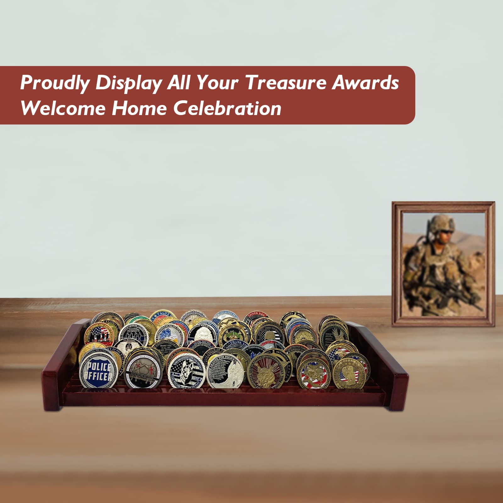 ASmileIndeep 8 Rows Military Challenge Coin Display Stand - Holds 60-70 Coins, Solid Wood Army Police Coin Rack Display Holder for Desktop, Mahogany