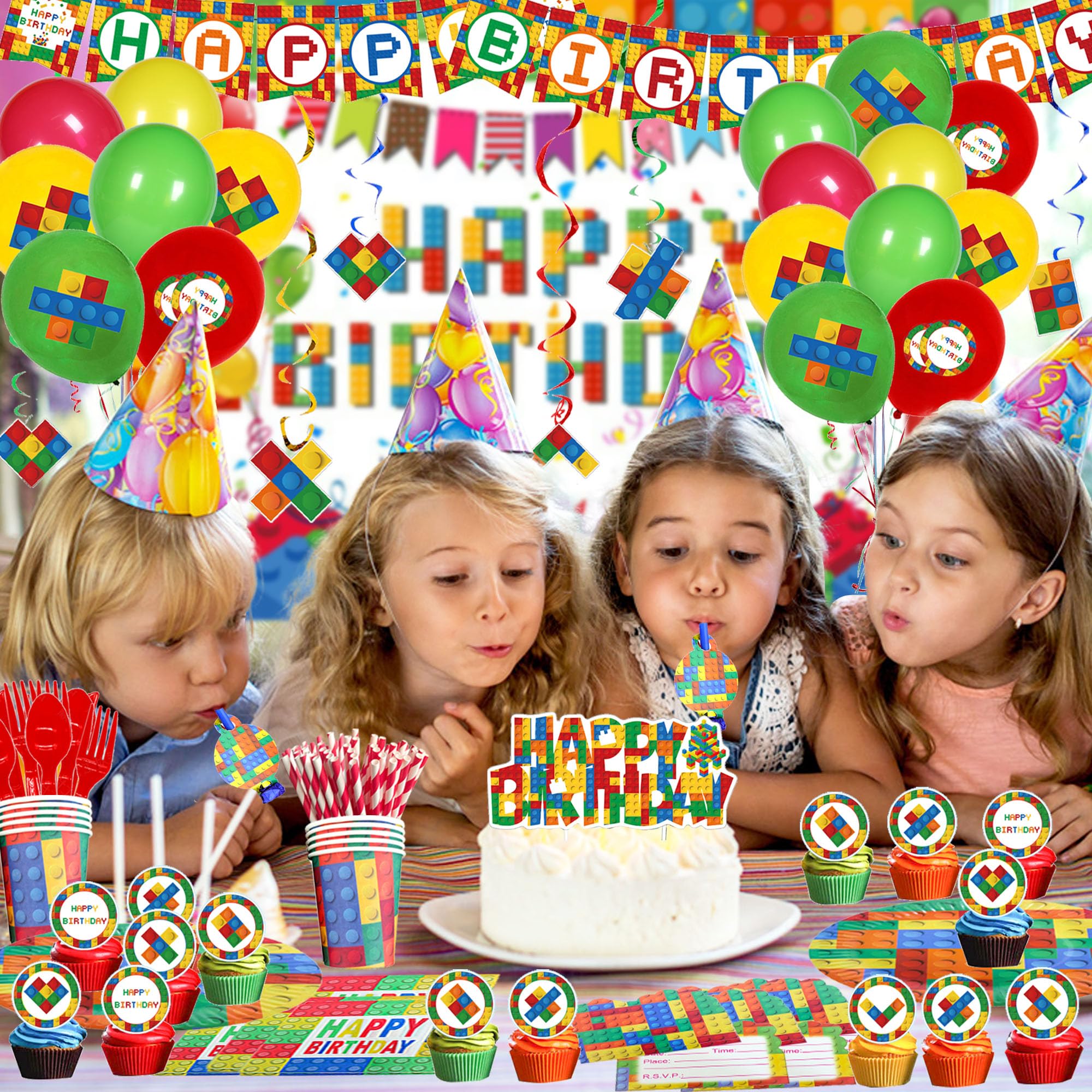 179Pcs Building Block Birthday Party Supplies for 10 Guests, Party Decorations Includes Backdrop, Banner, Latex Balloons, Tableware, Cupcake Toppers, Hanging Swirls, Tablecloth, Invitation Cards,