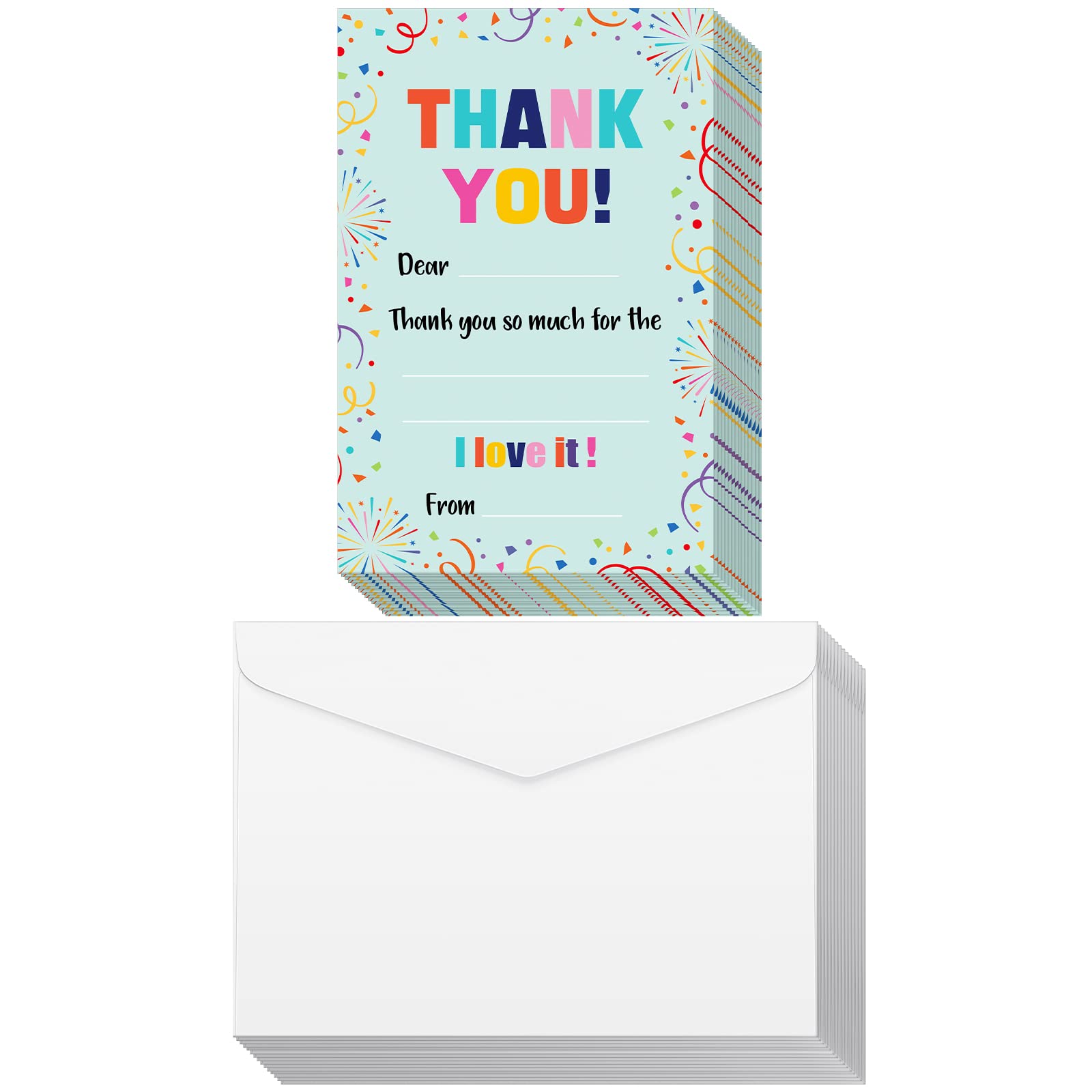 72 Pieces Kids Thank You Cards Fill in the Blank Thank You Notes with Envelopes Colorful Thanks Cards for Birthday Party(Confetti Style)