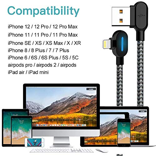 Exeric iPhone Charger Cable, 3Pack LED Right Angle Lightning Cable 90 Degree Nylon Braided Charging Cord Gaming USB Charging/Sync Compatible with iPhone13/12/11/XR/X/8 8Plus/7/7 Plus/6(10FT)