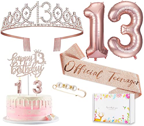 8pcs 13 Birthday Decorations for Girls, Including 13th Happy Birthday Cake Toppers, Birthday Queen Sash with Pearl Pin, Sweet Rhinestone Tiara Crown, Number Candles and Balloons Set, Rose Gold