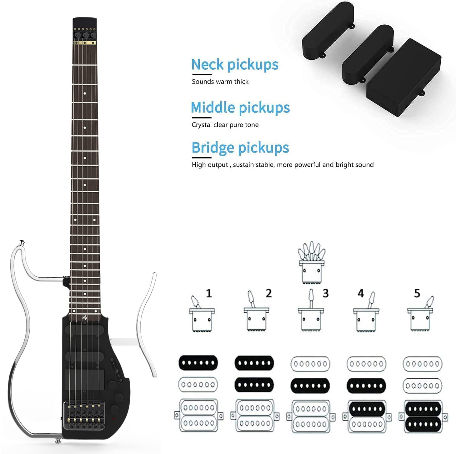 Asmuse Foldable Travel Headless Electric Guitar with Built In Headphone Jack Full-Scale Overhead Guitar ALP AD-80 Ultra-Light Portable and Rechargeable with USB Cable and Gig Bag