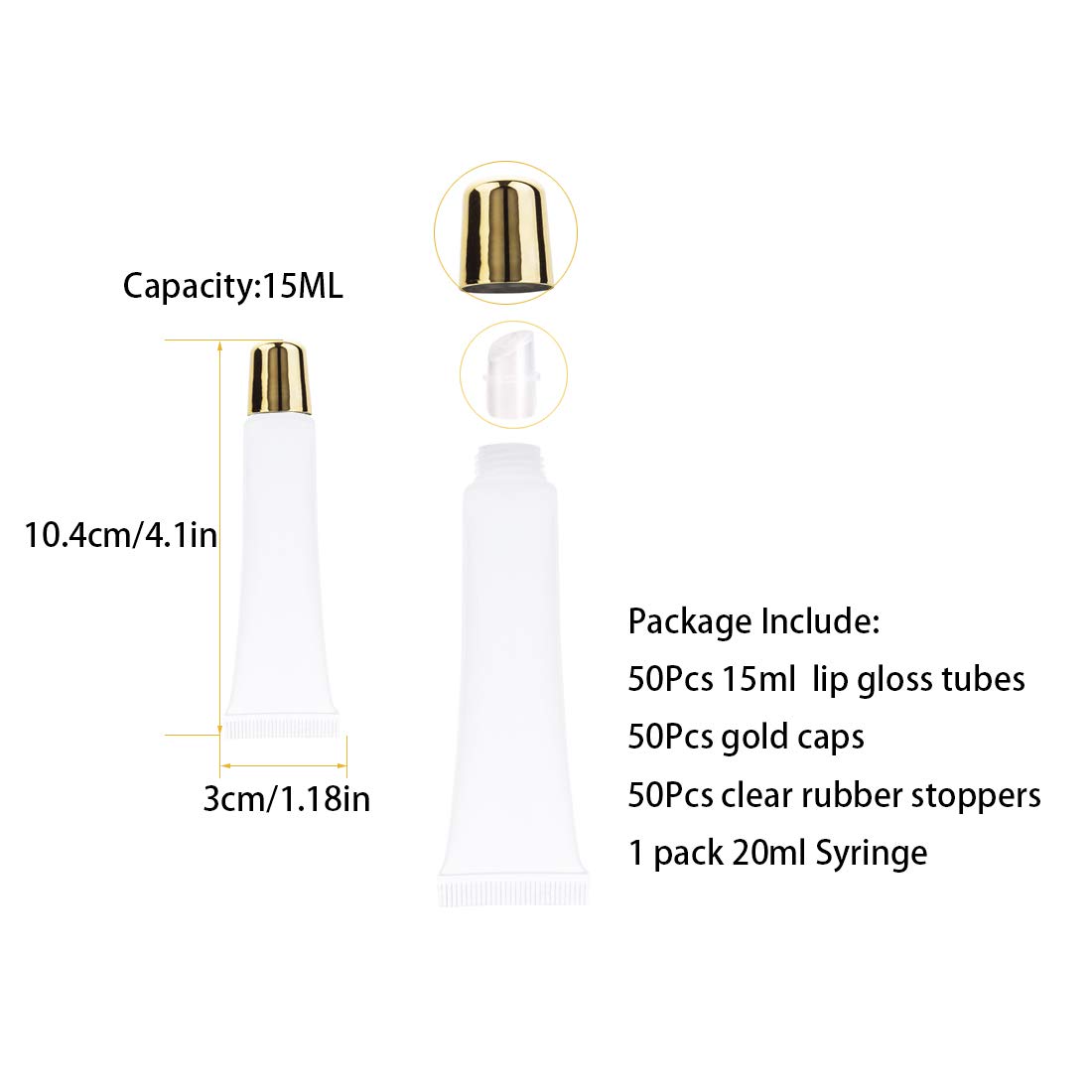 KCD 50Pcs Lip Gloss Tubes, 15ml Gold Top Lip Gloss Containers Empty, Refillable Soft Cosmetic Squeeze Tubes for DIY Lip Gloss Balm Cosmetic with Free Syringe (Gold)