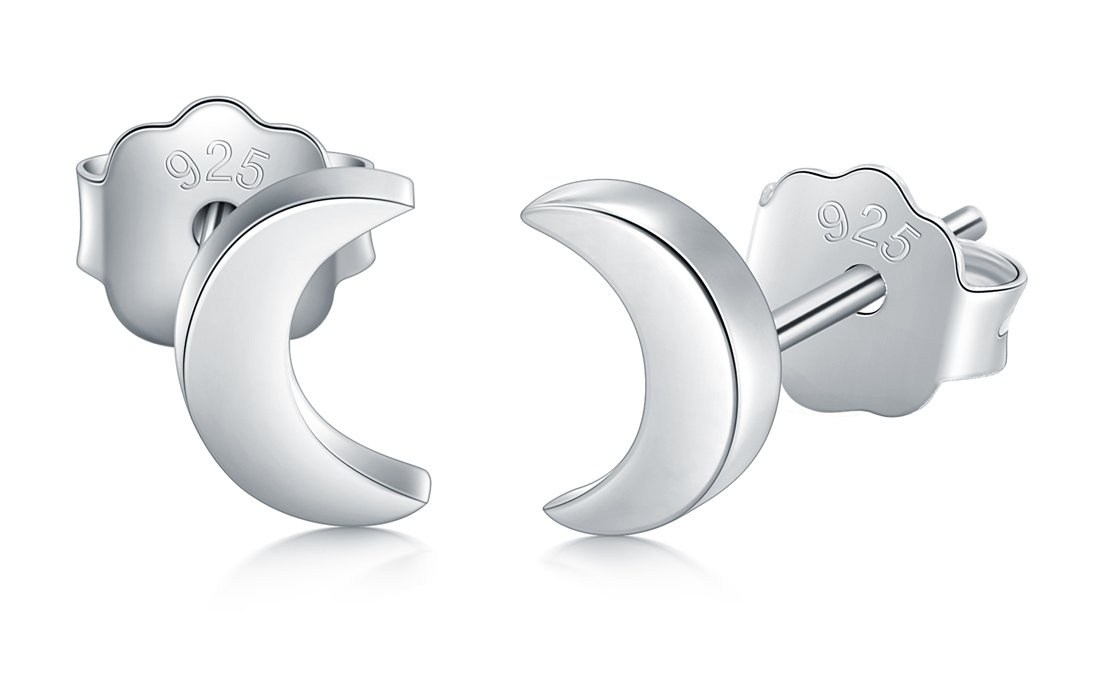 925 Sterling Silver Stud Earrings, BoRuo Crescent Moon High Polish Tarnish Resistant Earrings
