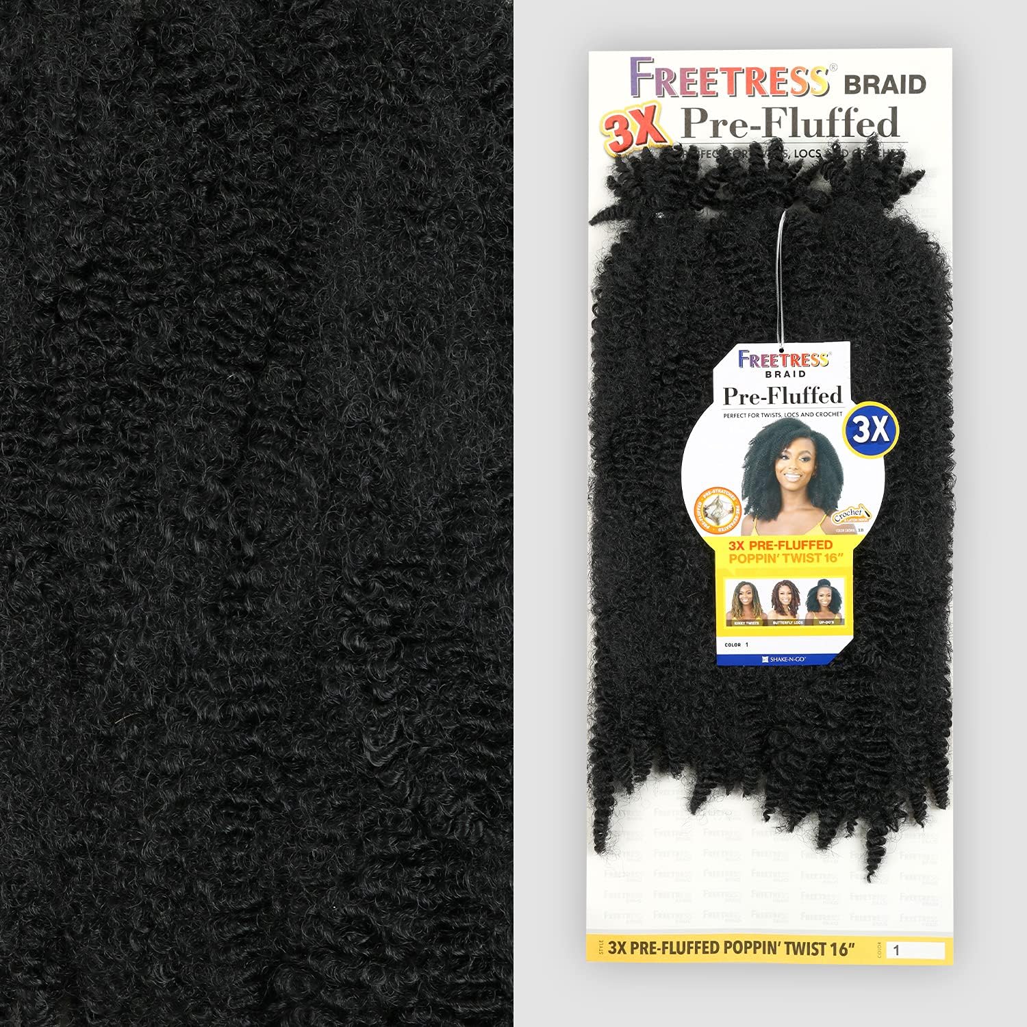 Shake N GO FreeTress Crochet Braids 3X Pre-Fluffed Poppin Twist 16 Inch (1-pack, 1B)