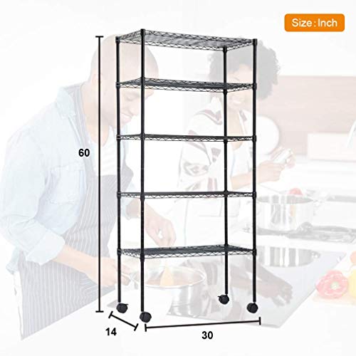 BMS 5-Tier Wire Shelving Unit Steel Large Metal Shelf Organizer Garage Storage Shelves Heavy Duty NSF Height Adjustable Commercial Grade Utility Storage Metal Rack on Wheels 14”D x 30”W x 60”H,Black