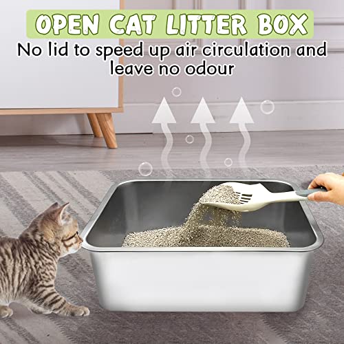 BNOSDM 2 Pack Stainless Steel Litter Box Smooth Litter Pan for Cats and Rabbits Metal Cat Litter Box High Sided, Non Stick, Easy to Clean, 17.7" L X 13.8" W X 5.9" H