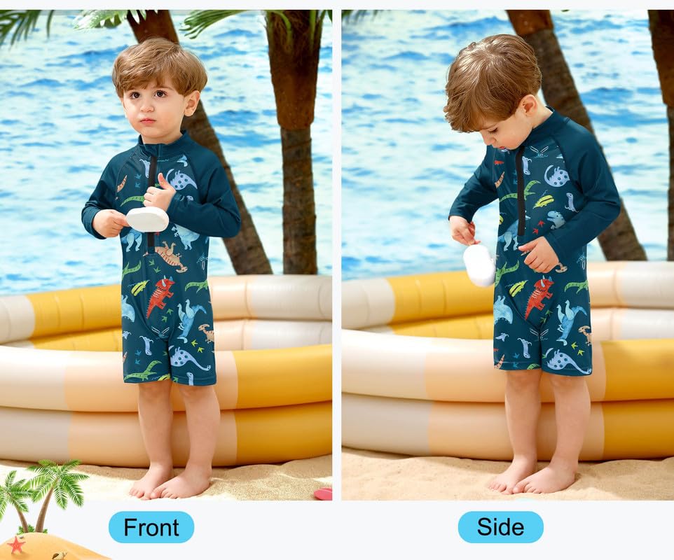BesserBay Long Sleeve One Piece Rashguard UPF 50+ Dinosaur Navy Zip Up Swimwear for Baby Boy 18-24 Months