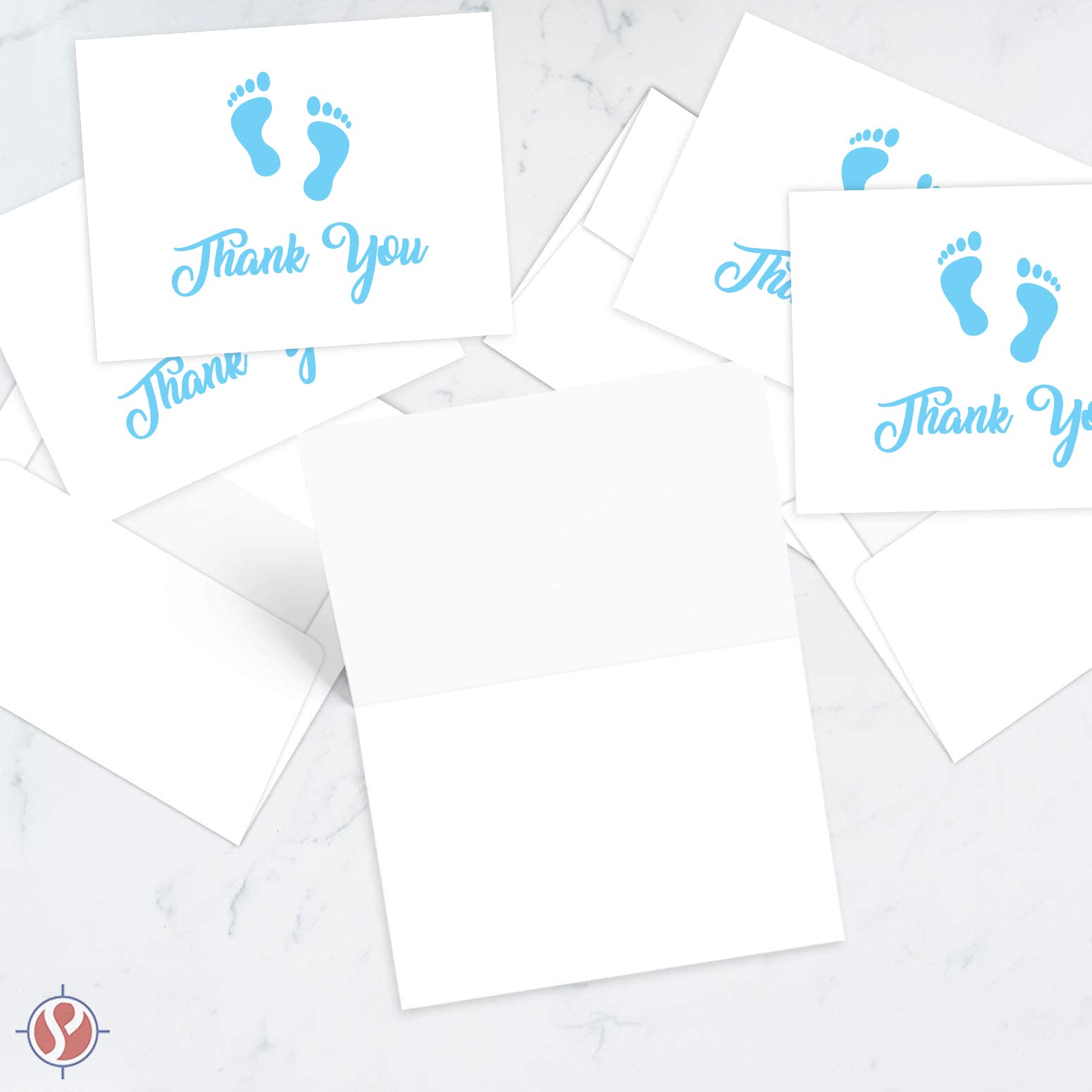 Baby Boy Blue Footprint Thank You Greeting Cards, Baby Shower, Birthdays, Invitation Congratulations Celebration Celebratory Appreciation Cards – 25 per Pack, Envelopes Included – 4.25" x 5.5"