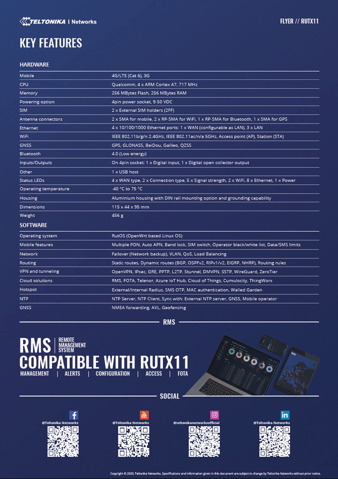 Teltonika RUTX11 Dual-SIM, 4 x Gigabit Ethernet Ports, Dual-Band AC WiFi, Bluetooth LE and USB LTE Router - RUTX11110400