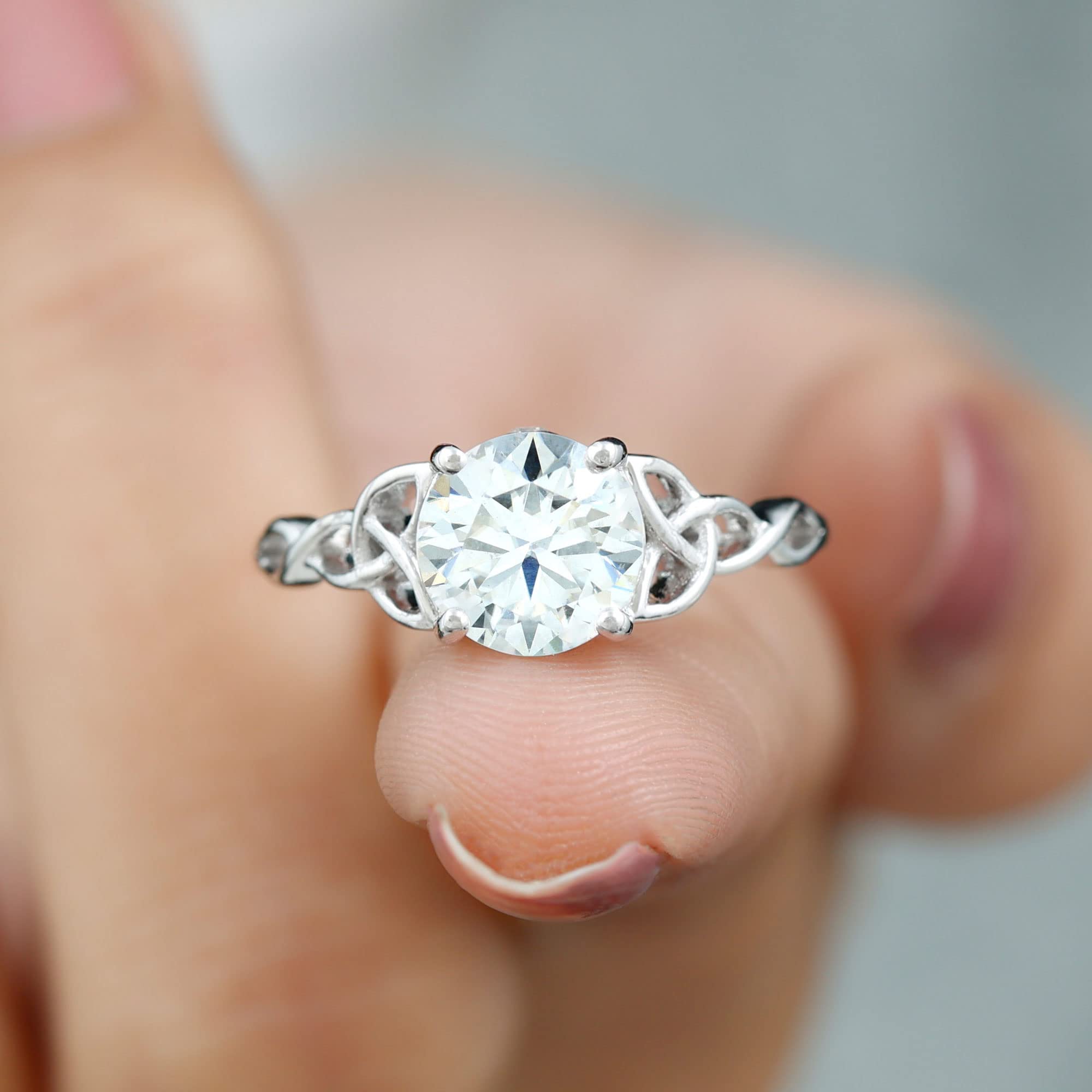 2.25 CT Moissanite Solitaire Ring, 8 MM Moissanite Solitaire Engagement Ring, Moissanite Gold Celtic Ring, Moissanite Engagement Ring for Women, 14K White Gold, Size:US 6.50