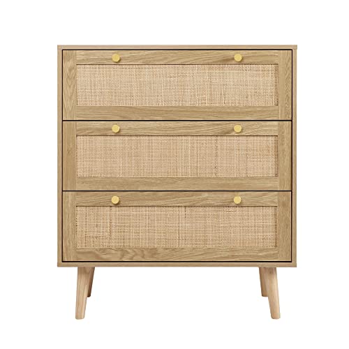 Anmytek Modern Rattan Wood Chest of 3 Drawer Dresser with Spacious Storage for Bedroom Living Room H0027, Rustic Oak