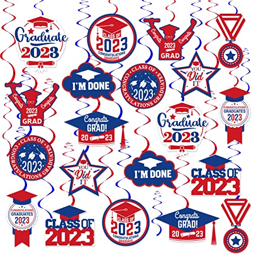 40 PCS Graduation Hanging Swirls Decorations Red White Blue Class of 2023 Graduation Party Supplies Congrats Grad Foil Ceiling Swirls Streamers for Congratulation Graduation Party Favors