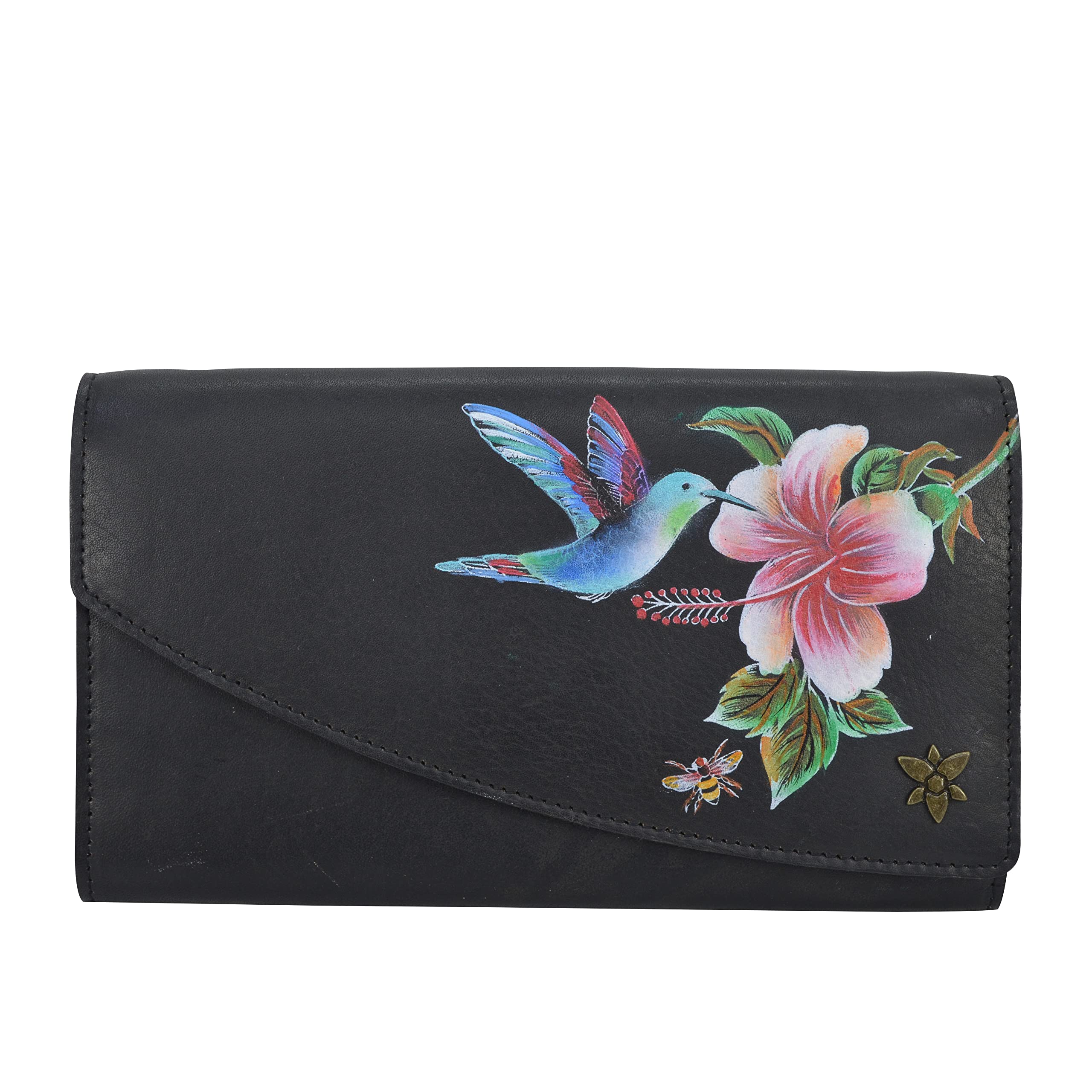 Anuschka Women’s Original Hand-Painted Leather RFID Blocking Accordion Flap Wallet, Hummingbird Black