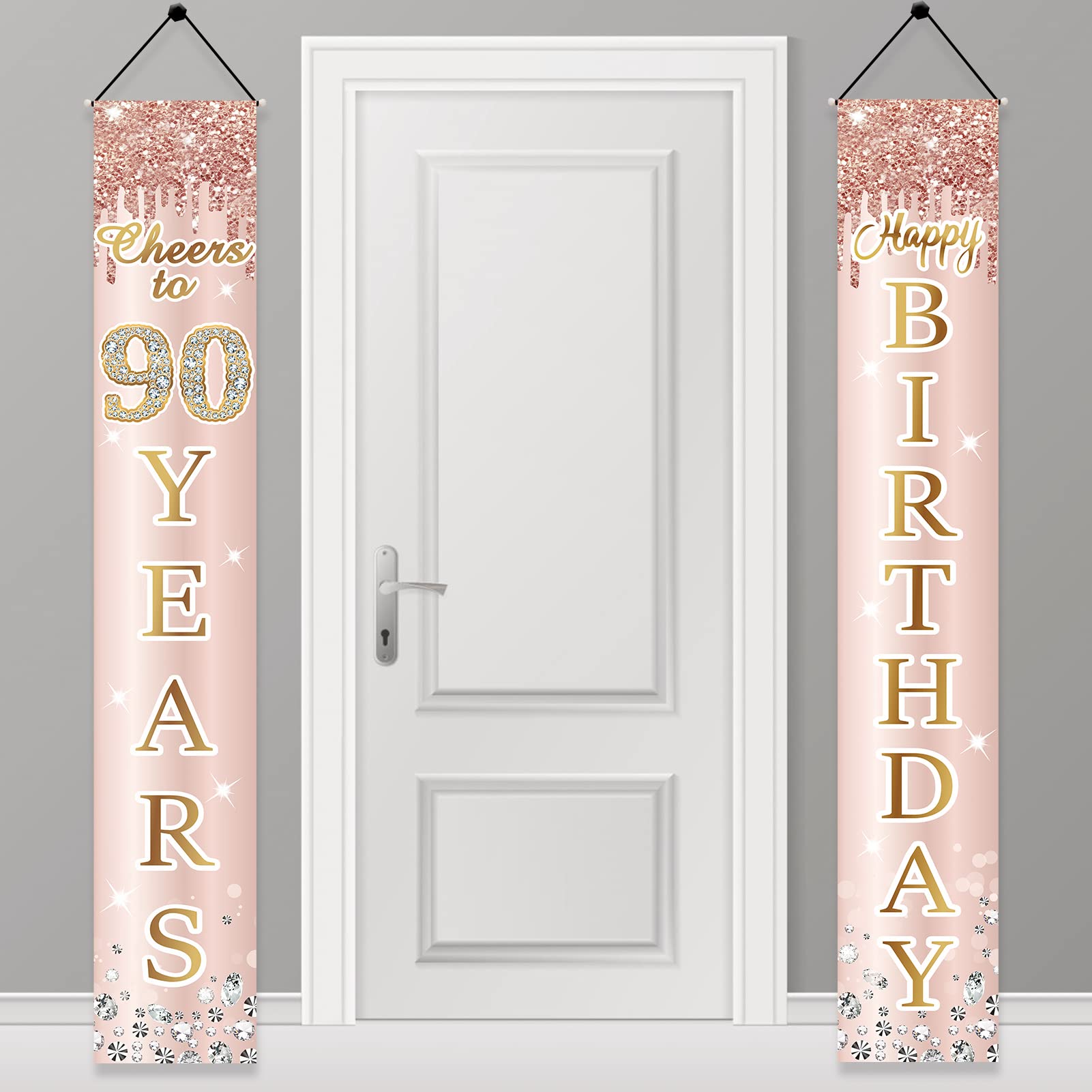 90th Birthday Decorations Door Banner for Women, Pink Rose Gold Cheers to 90 Years Birthday Backdrop Sign Party Supplies, Happy Ninety Birthday Porch Decor for Indoor Outdoor