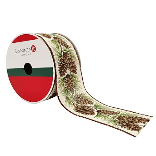 2.5" Faux Linen Wired Pinecone Ribbon by Celebrate It Christmas