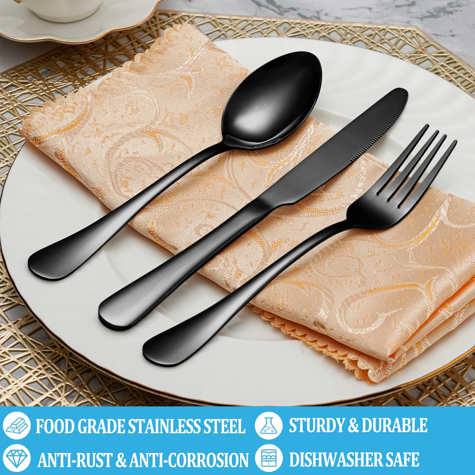 30 Pcs Black Silverware Set, Stainless Steel Flatware Set Service for 6, Mirror Polished Cutlery Utensil Set, Durable Home Kitchen Eating Tableware Set, Include Fork Knife Spoon Set, Dishwasher Safe