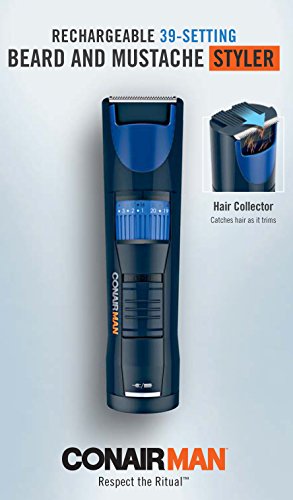 ConairMAN Cordless Beard & Mustache Trimmer for Men, 39 Total Settings with Hair Collector