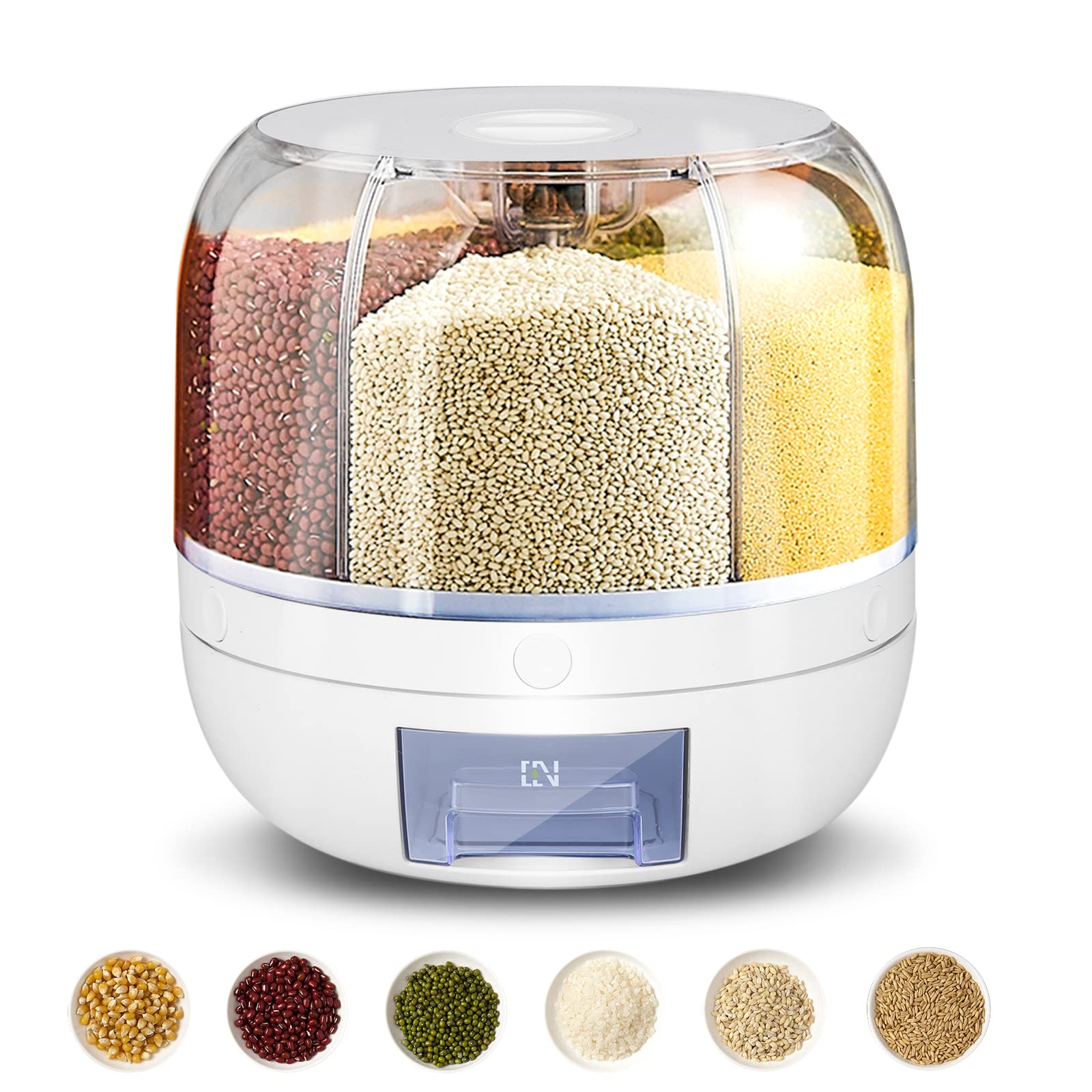 360° Rotating 6 Grid Food Dispenser,Rice Storage Container Waterproof and moisture-proof Dry Grain Food Storage Bucket for Home Kitchen
