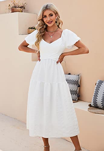 ANNA&CHRIS Womens Summer Puff Sleeve Midi Dress A Line V Neck High Waist Tie Back Smocked Tiered Boho Wrap Dresses White L