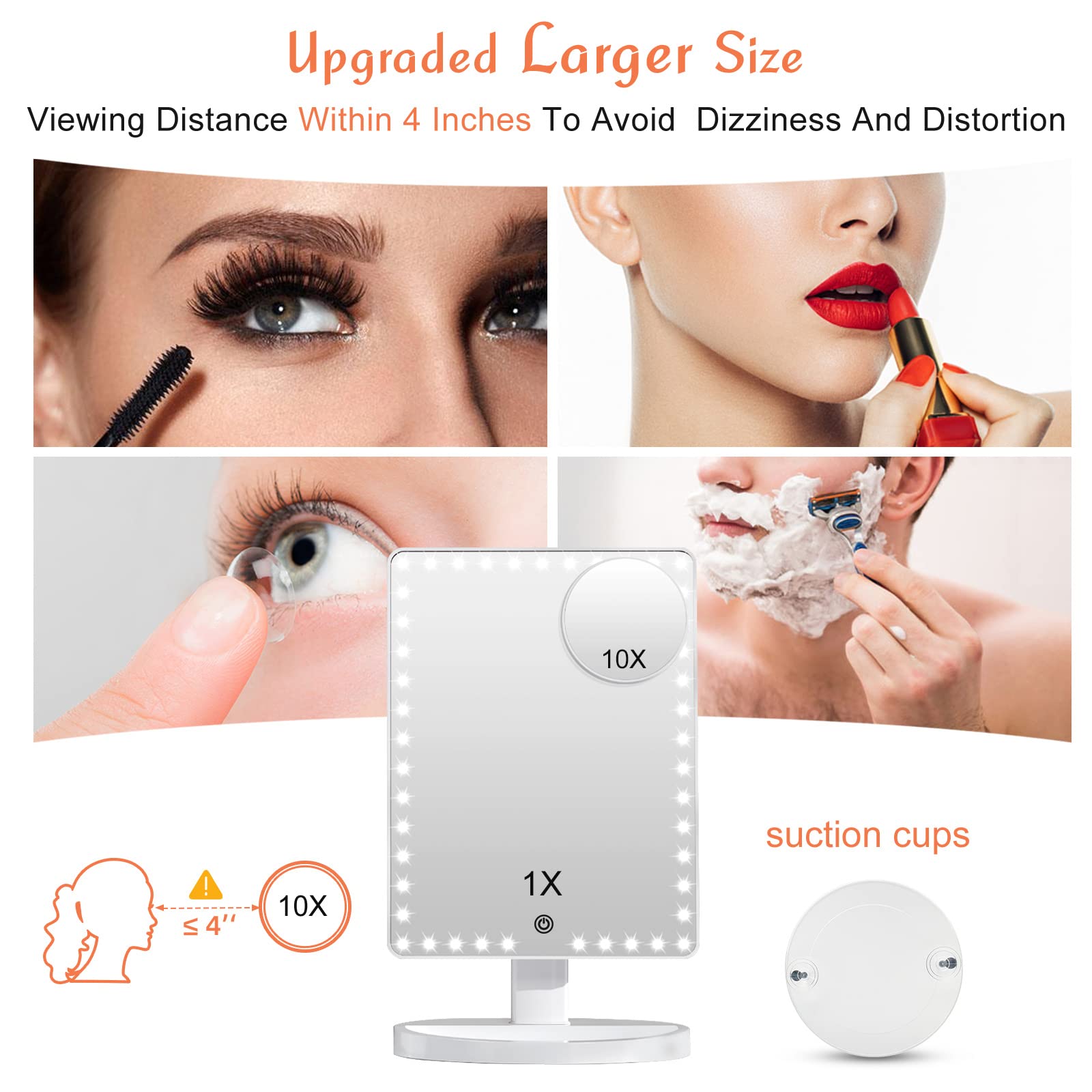 FUNTOUCH Rechargeable Large Makeup Mirror with Lights and 10X Magnification Mirror, Lighted Makeup Vanity Mirror with 96 LED, Sensor Touch Dimmable, 360 Degree Adjustable Rotation, Light up Mirror
