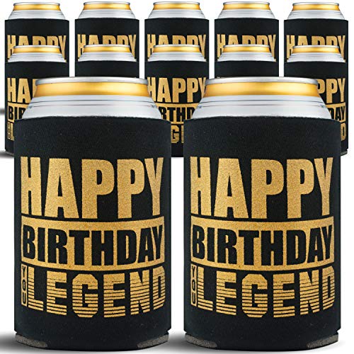 Happy Birthday Decorations for Men, Insulated Can Coolers, Birthday Party Decor and Party Favors for Him, Can Sleeves for Soda and Beer Birthday Gift for Dad, 12-Pack, Black & Gold