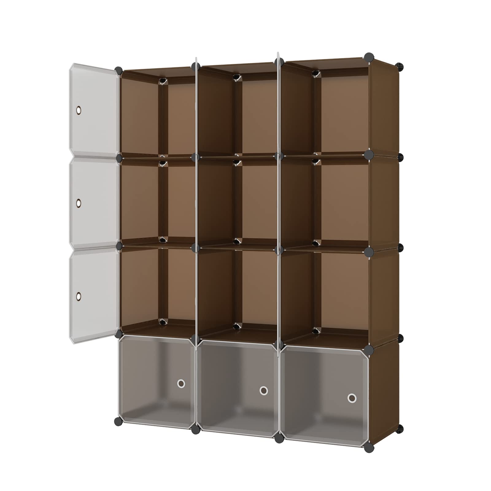 Aeitc Cube Storage Organizer 12-Cube (13.8"x13.8") Clothes Organizer Closet Storage Shelves Plastic Storage Shelving for Bedroom, Living Room, Office, Brown with Transparent Doors