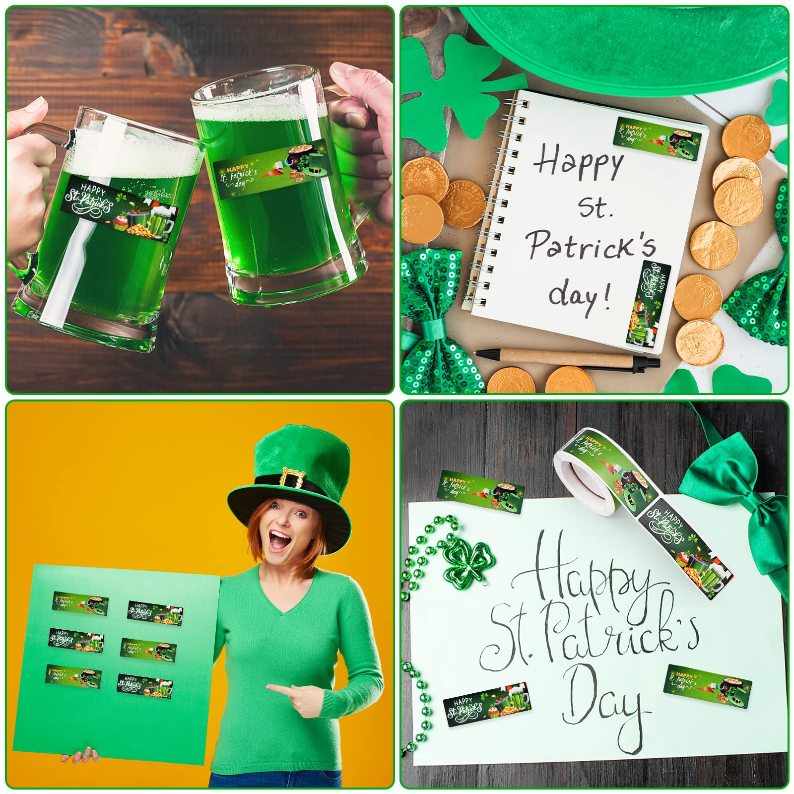 240 Pieces St Patrick's Day Stickers Roll - 2 Patterns 1 Inch Rectangle Green Lucky Stickers for Kids, Irish Self Adhesive Tag Seals Labels for St. Patrick's Day Party Bags Boxes Wrap Cards Bottles Decor