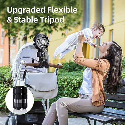 4000mah Stroller Rotatable Operated Fan,Flexible Tripod Clip On Fan with 3 Speeds and Handheld Personal Fan for Car Seat Crib Bike Treadmill