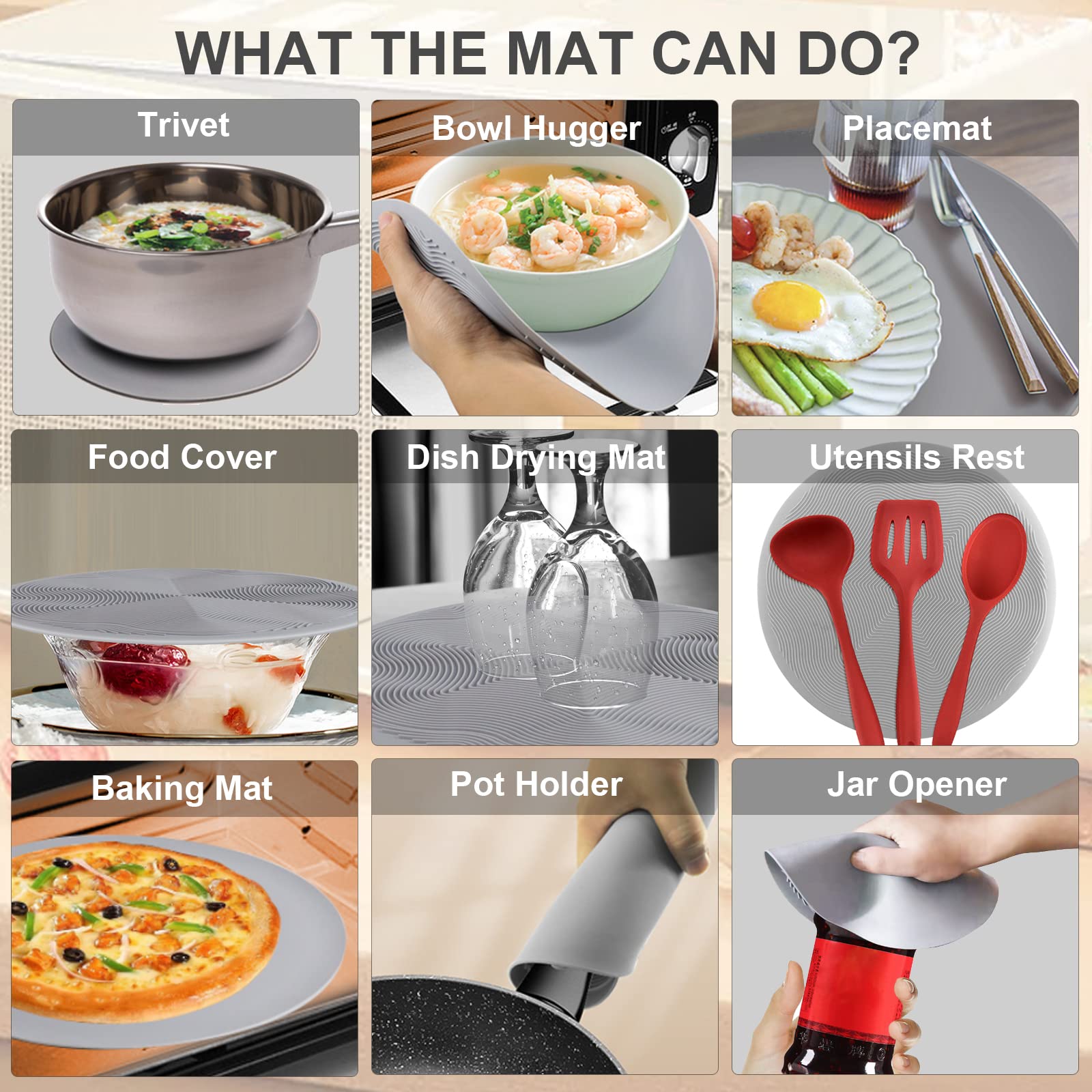 2 in 1, JesDiary Clear Microwave Cover & Multi-Purpose Mat- Mat as Bowl Holders, Cover for Plate Food Splatter Guard, Microwave Cooking Lid & Silicone Versatile Trivet, Dishwasher Safe,10.5inch, Grey