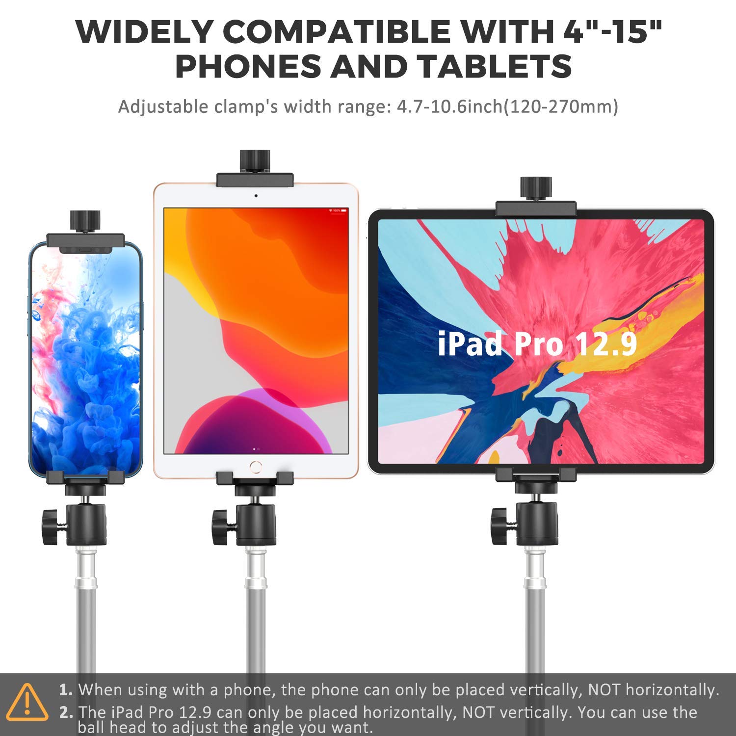 KDD iPad Tripod Mount Adapter with Ball Head, Fully Metal iPad Holder for Tripod, Phone Tablet Mount Stand Compatible with iPad Pro 12.9, iPad Air 2 3 4, iPad Mini, Galaxy Tab, iPhone (4-15β)