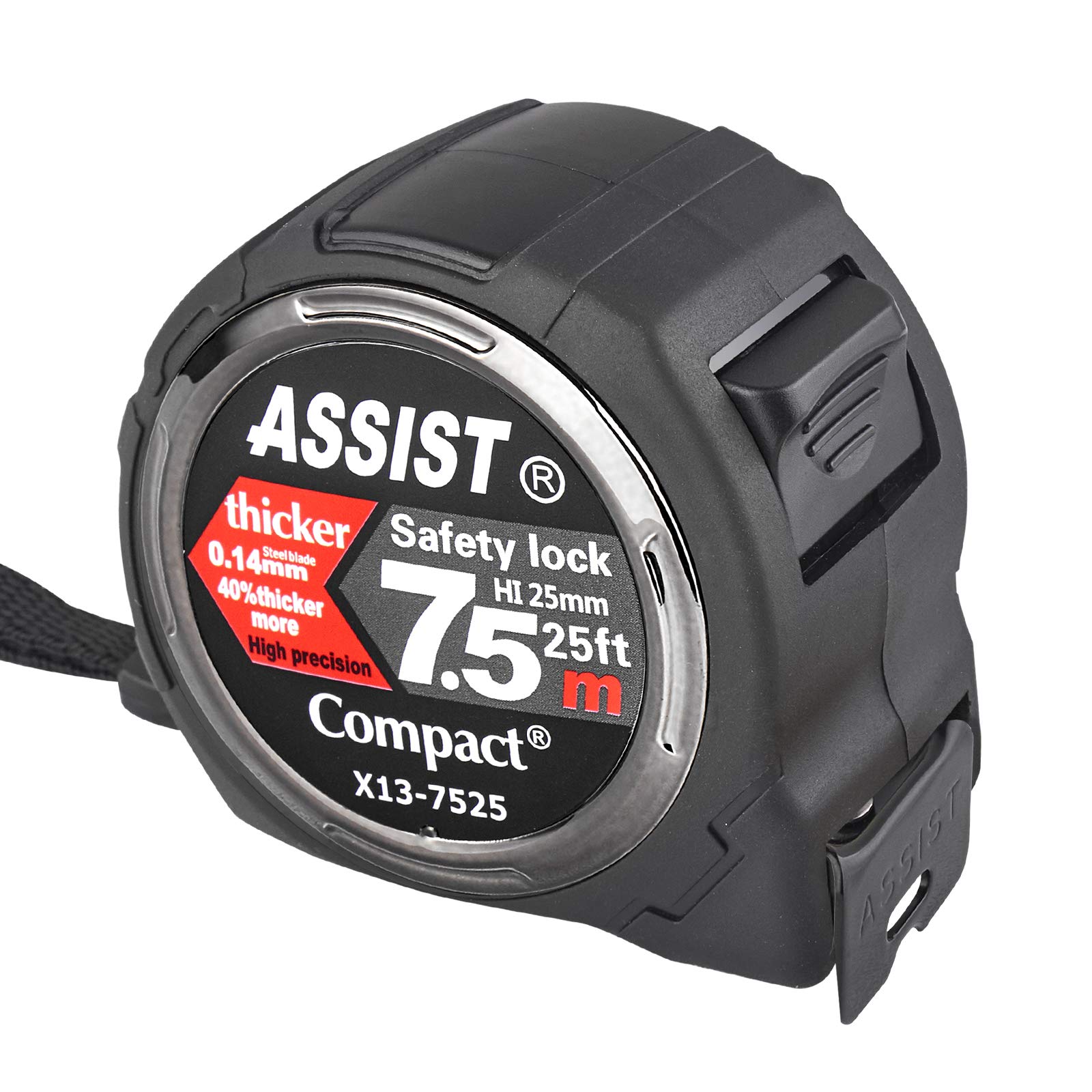 25FT Measuring Tape by ASSIST-Easy Read Double Side Printing with Metric and Inches,2.6m Level Standout Blade,Heavy Duty Shock Absorbent Rubber Case-for Construction,Surveyor