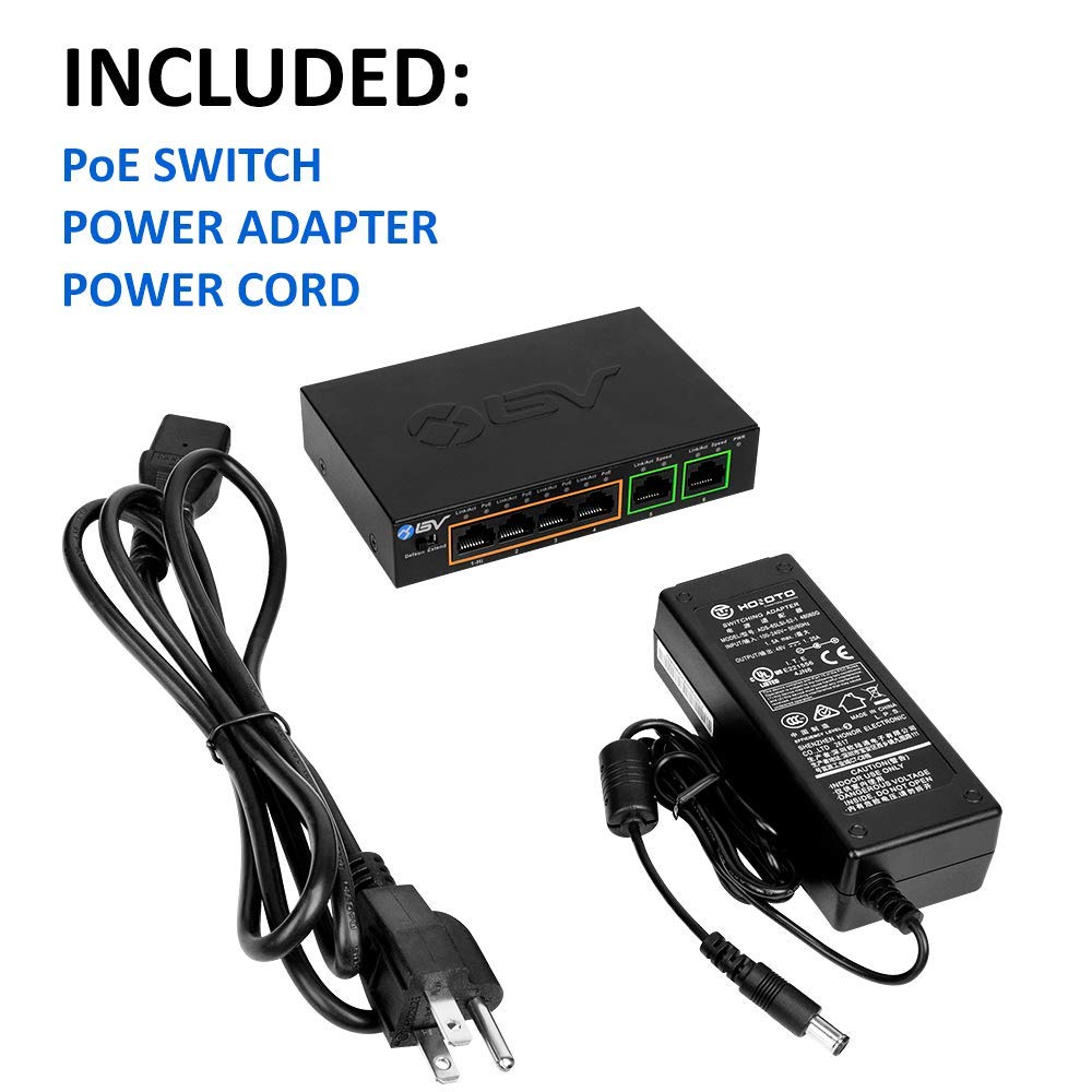 BV-Tech 6 Port PoE+ Switch (4 PoE+ Ports with 2 Ethernet Uplink and Extend Function) – 60W – 802.3at + 1 High Power PoE Port| Desktop Fanless Design | Plug & Play | Sturdy Metal Housing