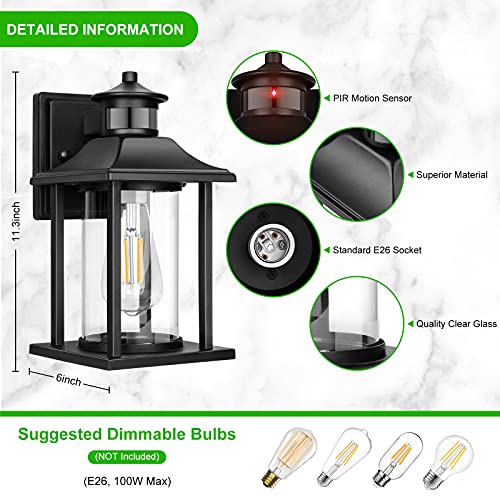 2-Pack Motion Sensor Outdoor Wall Lanterns, Waterproof Dusk to Dawn Outdoor Wall Sconces, Motion Activated Patio Wall Light Fixtures, Clear Glass Porch Lights Wall Mount for Entryway Doorway Garage