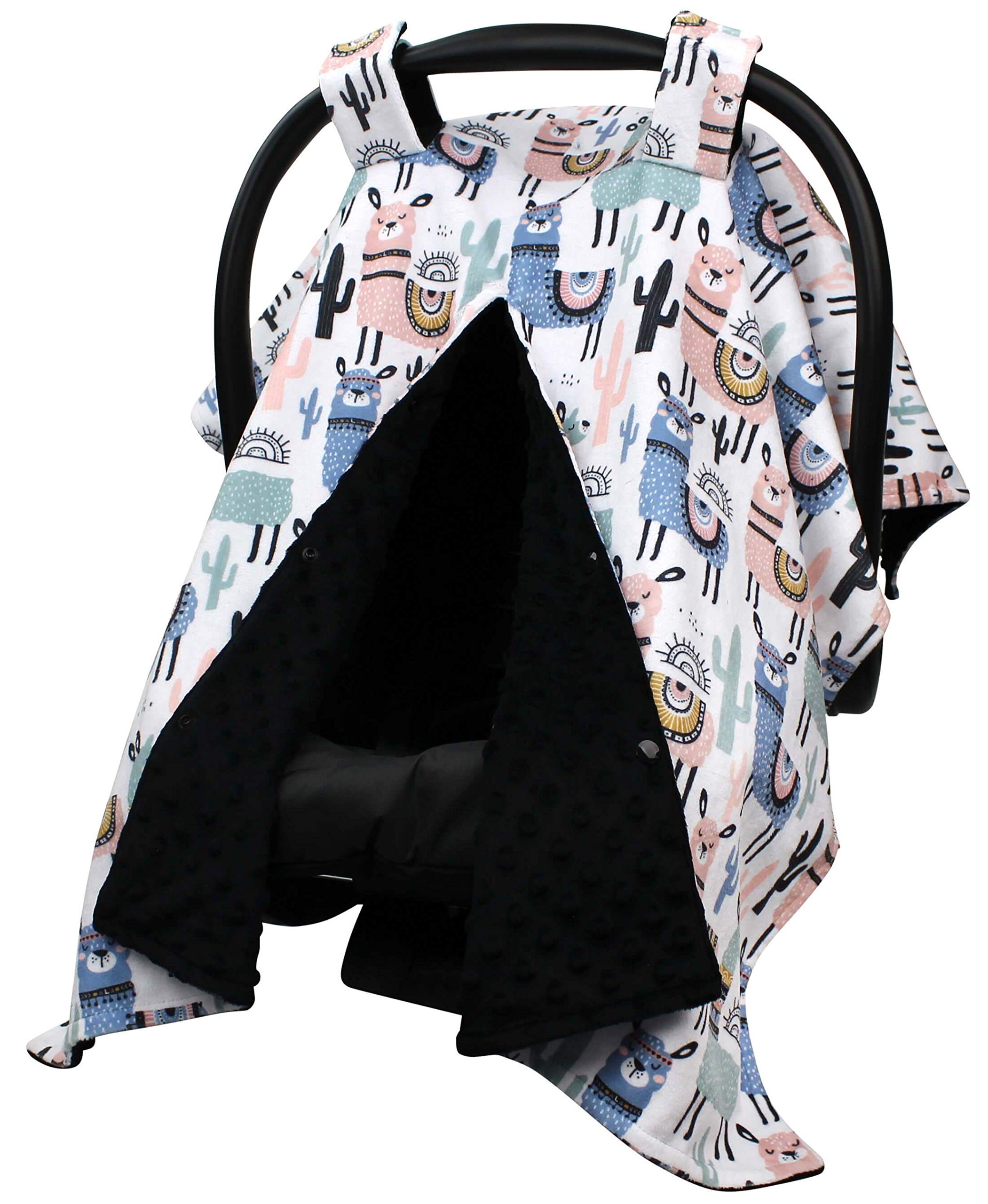 Baby Car Seat Canopy Cover - Emperor Llamas with Black Minky Dot