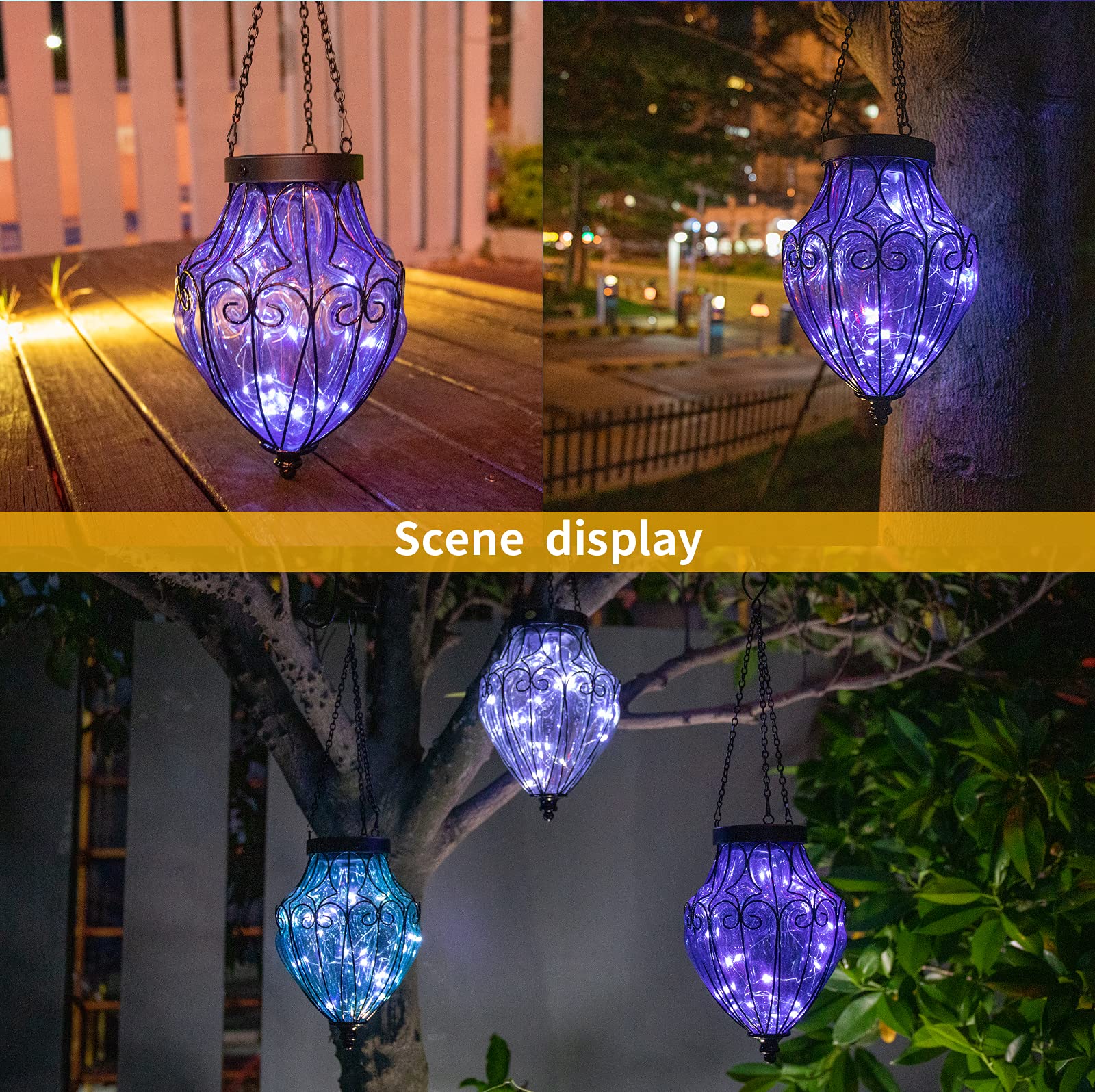 Afirst Hanging Solar Glass Lanterns - Glass Solar Lights with Hook Drop shape Handblown with 20 LED Fairy String Lights Decor for Yard Tree Fence Patio