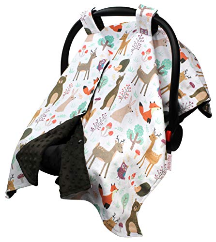 Baby Car Seat Canopy Cover - Forest Animals Bear Deer Fox Owl Rabbit with Dark Brown Minky Dot