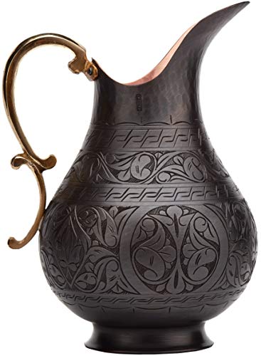 DEMMEX The Pitcher, 1mm Solid Copper Handmade Engraved Copper Pitcher Vessel Ayurveda Jug for Drinking Water, Moscow Mule, Cocktail (Antiqued-Engraved)