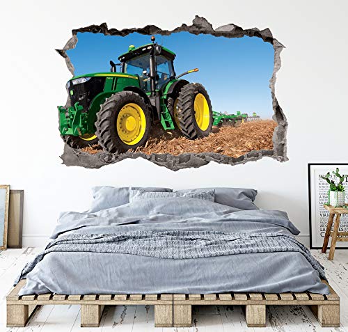 Green Tractor Wall Decal Art Decor 3D Smashed Concrete Farm Sticker Kids Bedroom Mural Custom Gift UP26 (24"W x 16"H)
