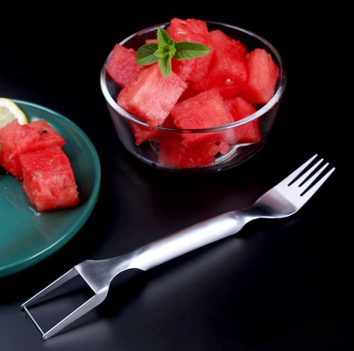 2-in-1 Stainless Steel Fruit Cutter, 2024 Upgrade Portable Watermelon Fork Slicer Cutter Melon Cube Cutter, Stainless Steel 2-in-1 Watermelon Fork Slicer, Dual Head Fruit Forks Slicer Knife (1 Pack)