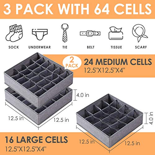 9 Pack Sock Underwear Drawer Organizer Dividers, 122 Cells Fabric Foldable Dresser Drawer Organizers for Bra, Sock, Undies, Belt, Tie, Scarf