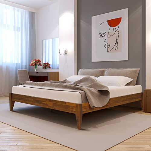 Acacia Mervyn Bed Frame Solid Wood Platform Bed, Bed Frame King, Natural Wood Bed Compatible with All Mattress Types, No Box Spring Needed, Wood Slats Support, Quick & Easy Assembly, Caramel