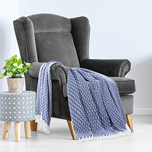 Americanflat 100% Cotton Throw Blanket for Couch - 50x60 Blue and White Throw Blanket for Bed, Sofa, or Chair - Machine Washable, All Seasons Neutral Lightweight Blanket Indoor or Outdoor Use