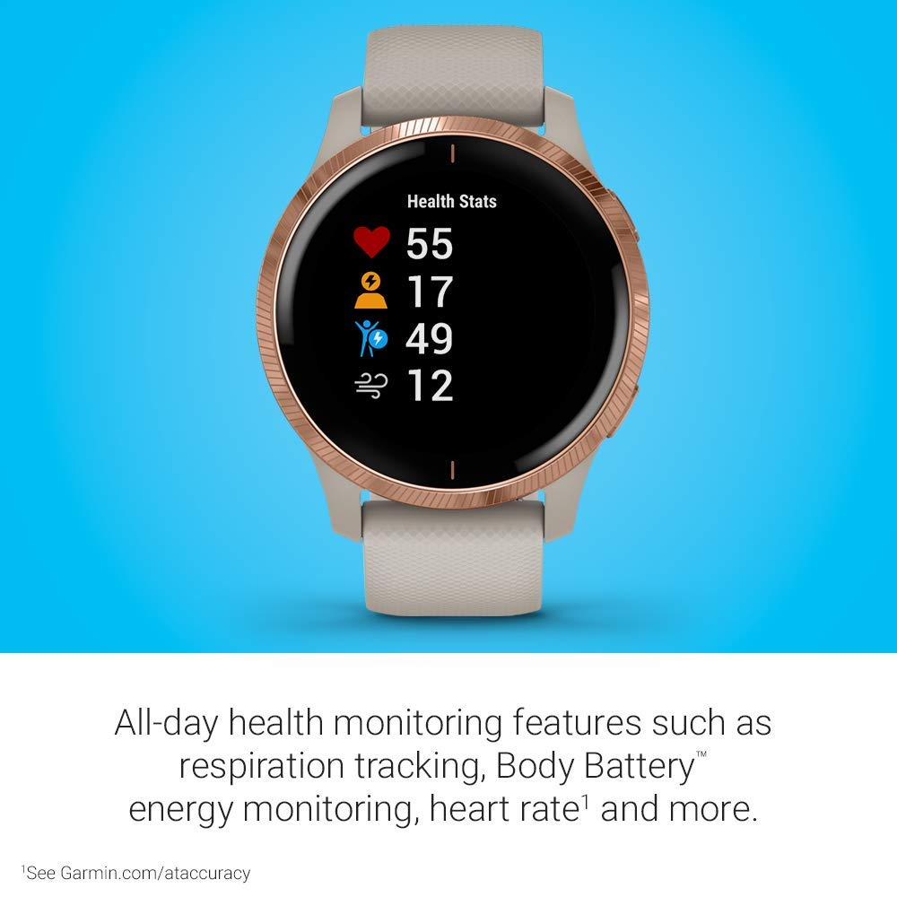 Garmin Venu - GPS Smartwatch with Bright Touchscreen Display - Music, Body Energy Monitoring, Animated Workouts, Pulse Ox Sensor and More - Rose Gold with Tan Band (Renewed)